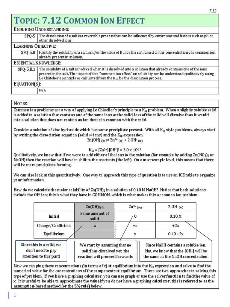 7.12 Common-Ion Effect Student+ | PDF | Hydroxide | Solubility
