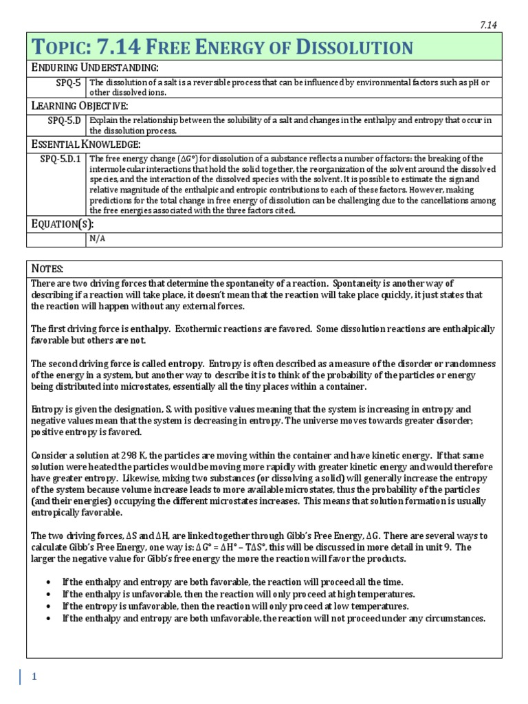 7.14 Free Energy of Dissolution Student | PDF | Solvation | Entropy