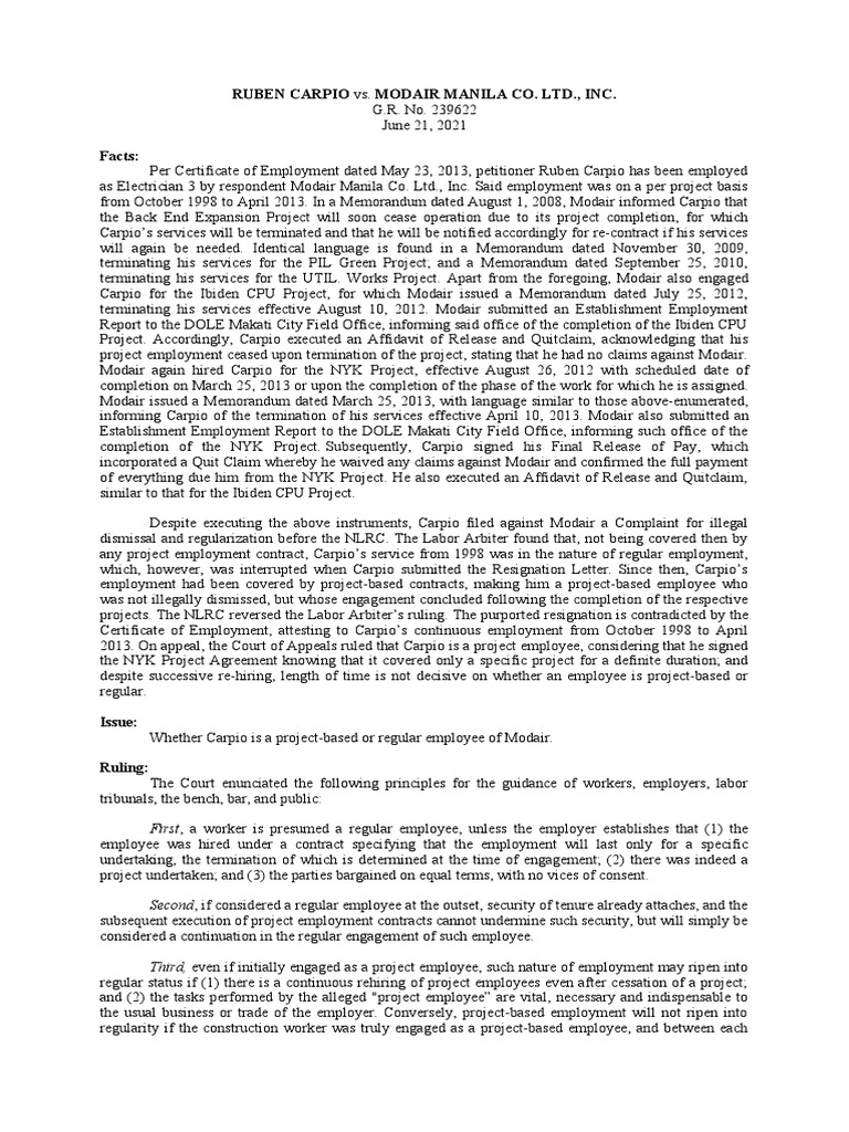 Carpio v. Modair Manila | PDF | Employment | Business Law