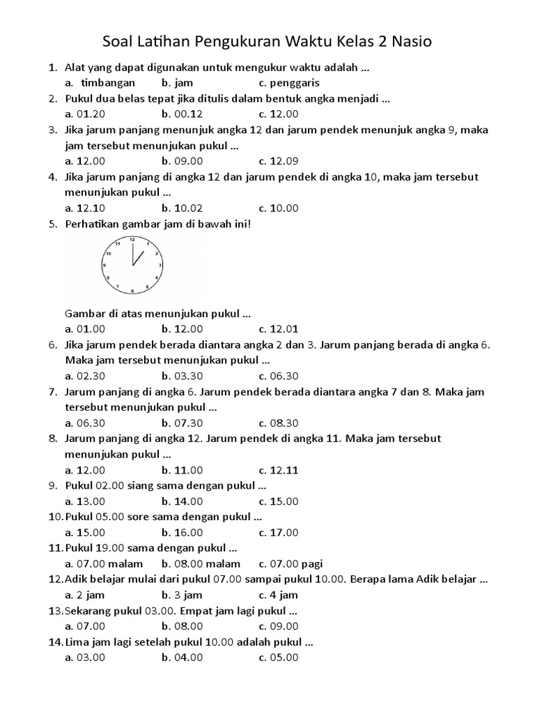 Soal Latihan Pengukuran Waktu Kelas 2 Nasio | PDF