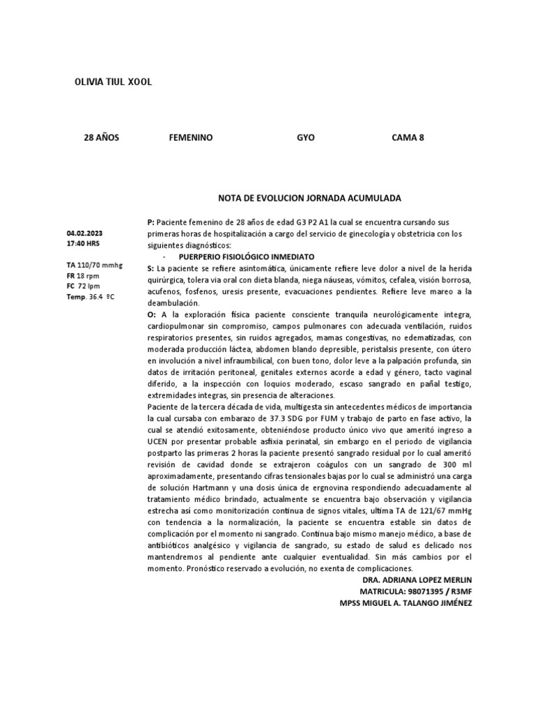 NOTA de Evolucion Postparto HR Mamantel | PDF | Periodo posparto ...