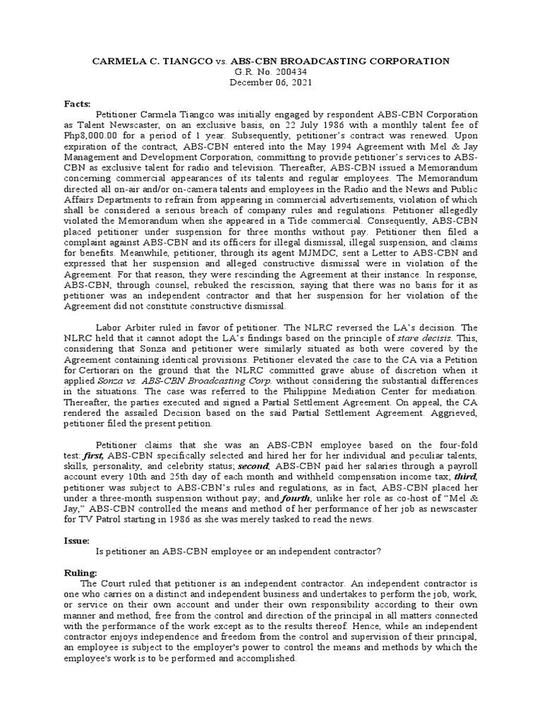 Tiangco v. ABS CBN | PDF | Employment | Payroll Tax