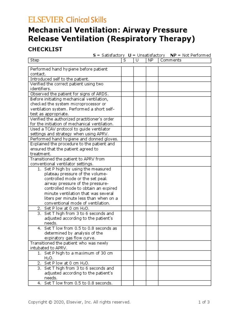 Mechanical Ventilation Airway Pressure Release Ventilation Checklist ...