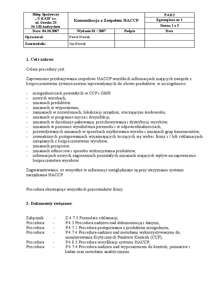 Komunikacja Z Zespołem HACCP | PDF