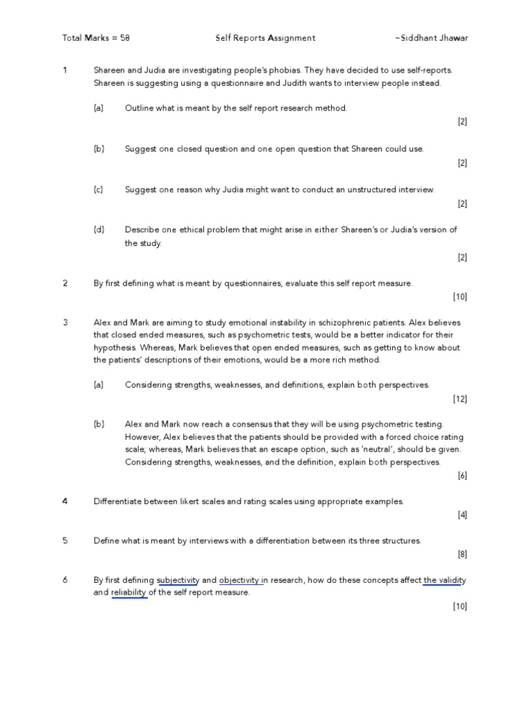 Self Reports Assignment | PDF | Self Report Study | Behavioural Sciences