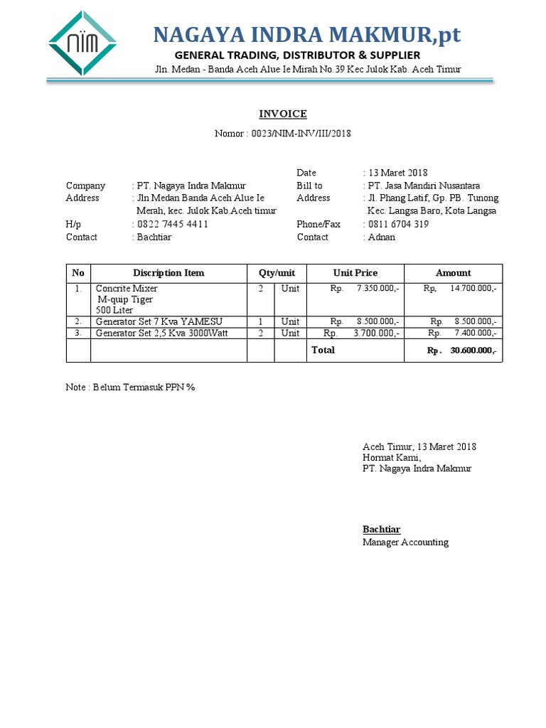 Invoice Pembelian Alat Berat 2018 | PDF