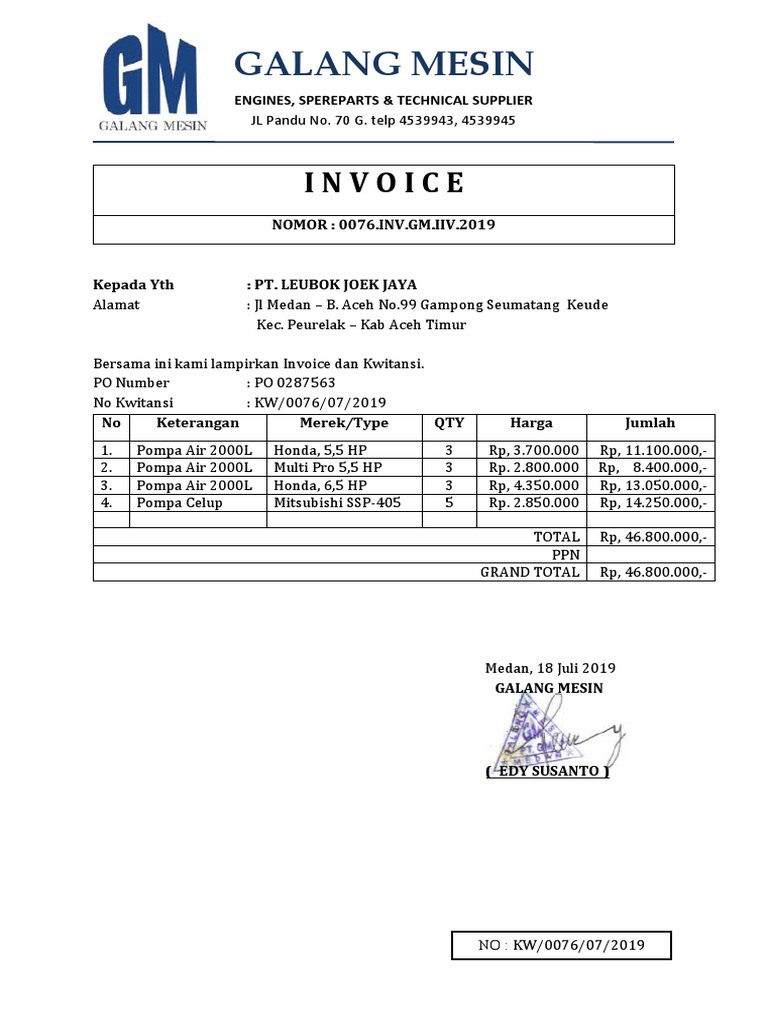 Invoice dan Kwitansi Pembelian Mesin | PDF | Bisnis | Pengelolaan ...