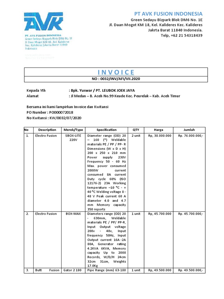 Invoice PT AVK Fusion Indonesia | PDF