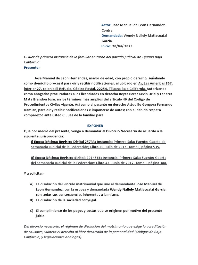 Demanda de Divorcio en Tijuana 2023 | PDF | Divorcio | Justicia