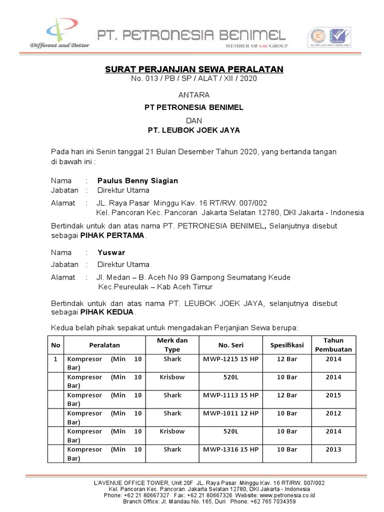 Contoh - Surat Perjanjian Peralatan PB-Final | PDF