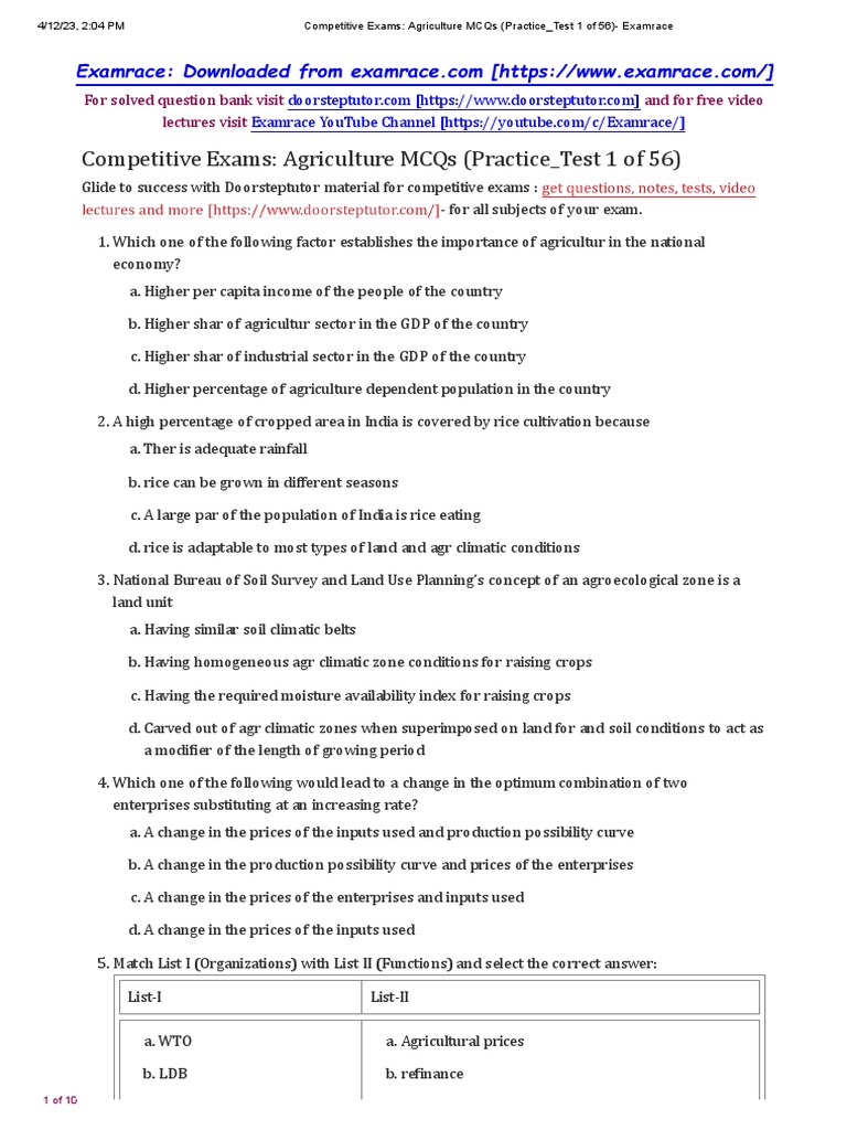 Agriculture MCQs Practice Test 1 | PDF | Agriculture | Soil