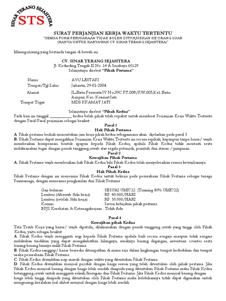 Kontrak Kerja SPG (STS) Kji 1 | PDF