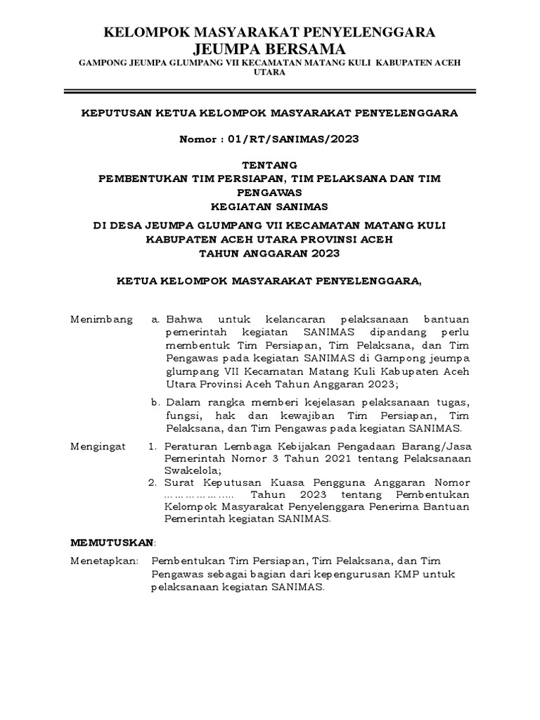 SK KETUA KMP TO PELAKSANA, PENGAWAS DAN PERENCANA Fia | PDF