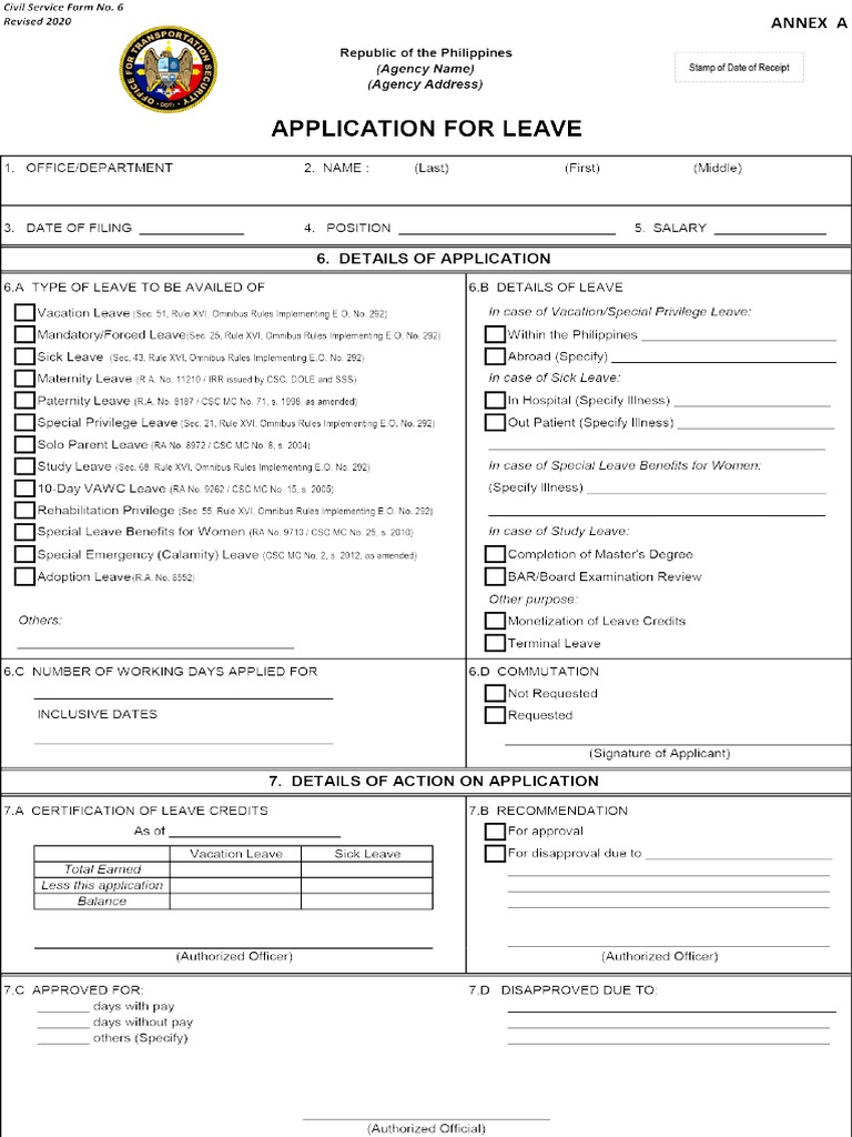 Cs Form No 6 Revised 2020 Application For Leave Pdf Surgery Physician