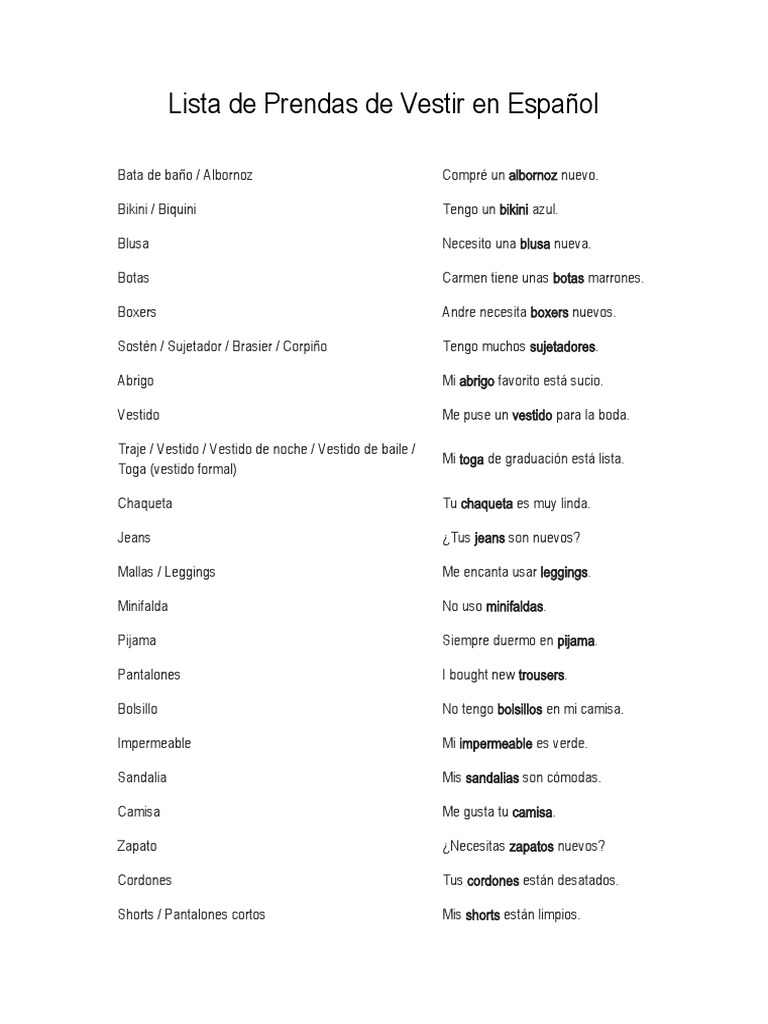 Lista Completa de Prendas en Español | PDF | Bikini | Ropa