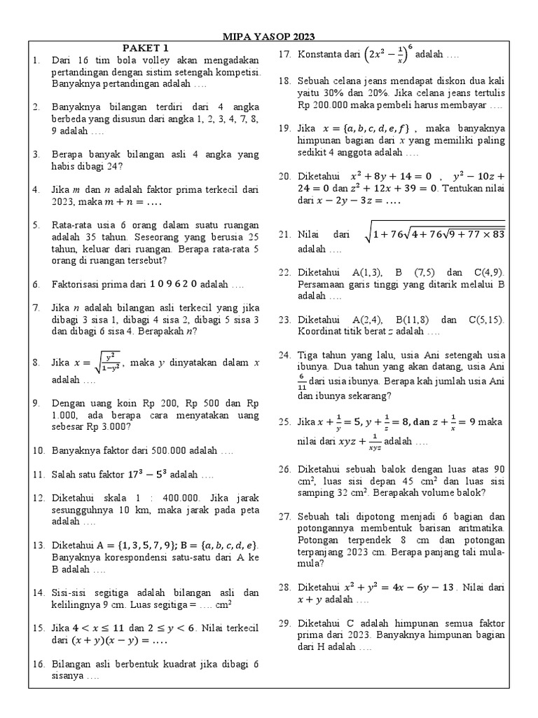 Soal MIPA Yasop 2023 untuk SMA | PDF