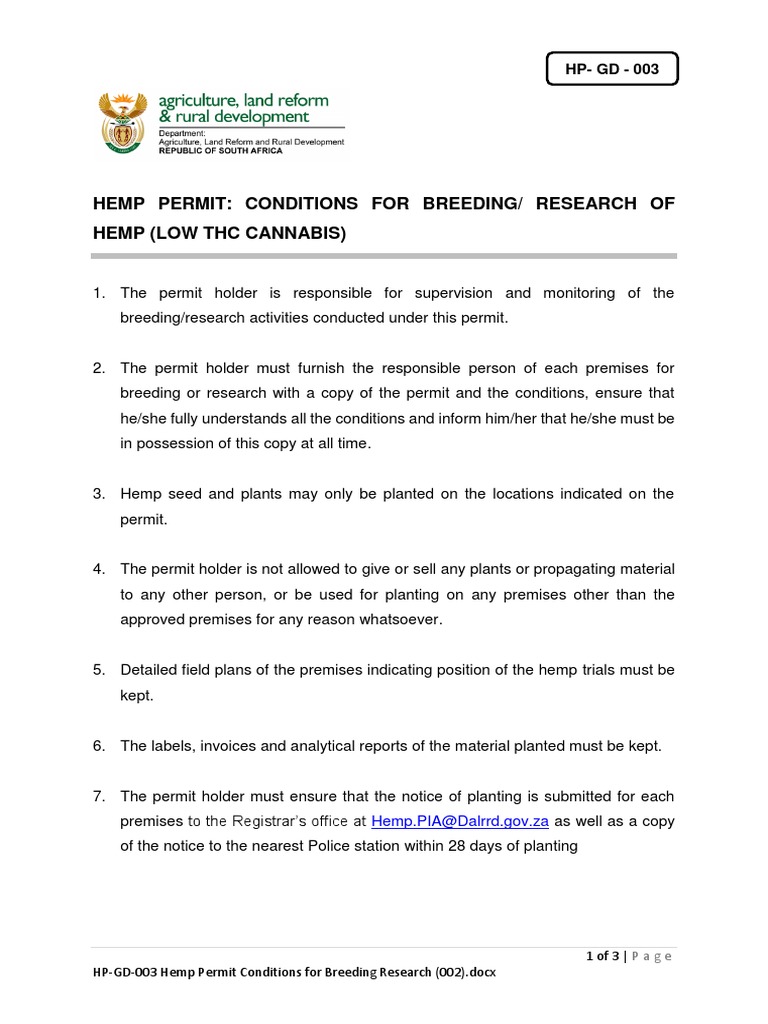 HP-GD-003 Hemp Permit Conditions For Breeding Research 002 | PDF ...