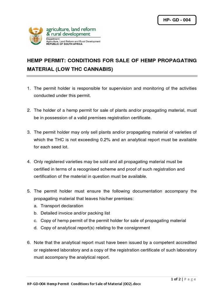 HP-GD-004 Hemp Permit Conditions For Sale of Material 002 | PDF | Cannabis