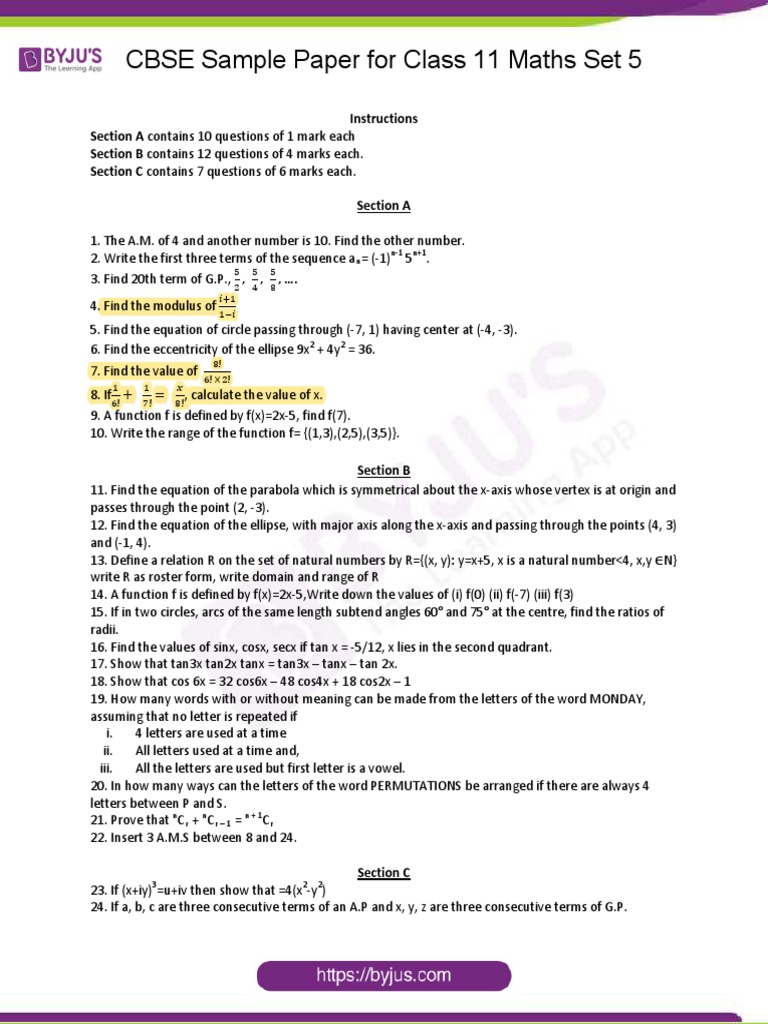 CBSE Sample Paper Class 11 Maths Set 5 | PDF | Euclidean Plane Geometry ...