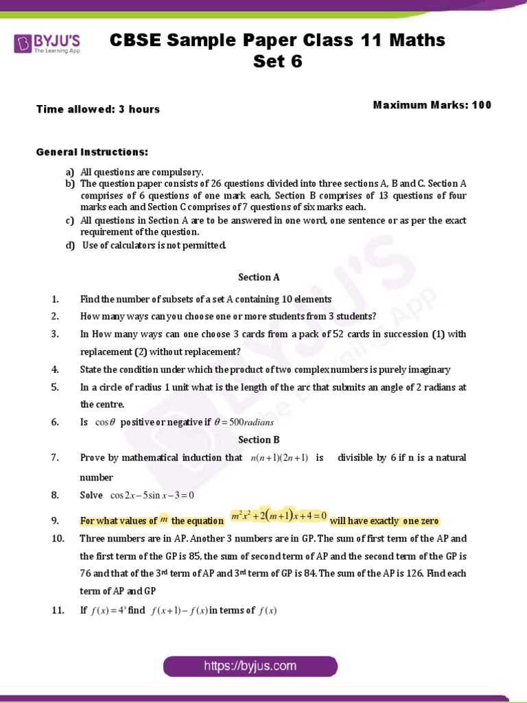 CBSE Sample Paper Class 11 Maths Set 6 | PDF | Mathematical Analysis ...