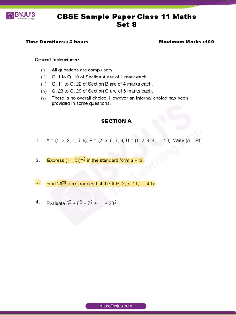CBSE Sample Paper Class 11 Maths Set 8 | PDF | Mathematics