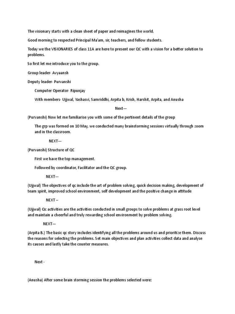 Format of Quality Circle Presentation Script | PDF | Brainstorming | Psychology
