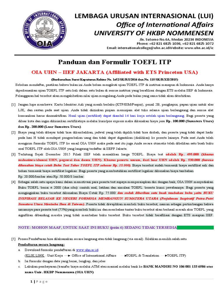 Panduan Dan Formulir TOEFL ITP | PDF | Karier & Perkembangan