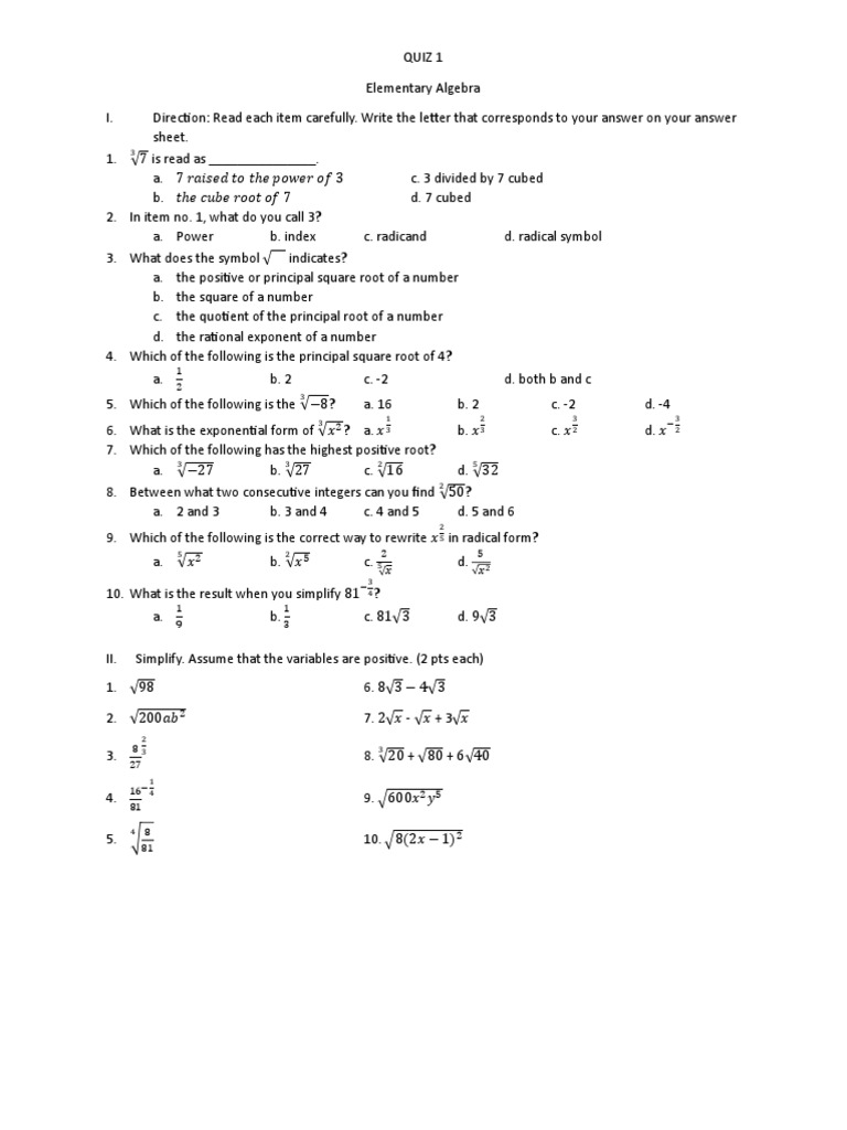 Elementary Algebra Quiz Questions | PDF