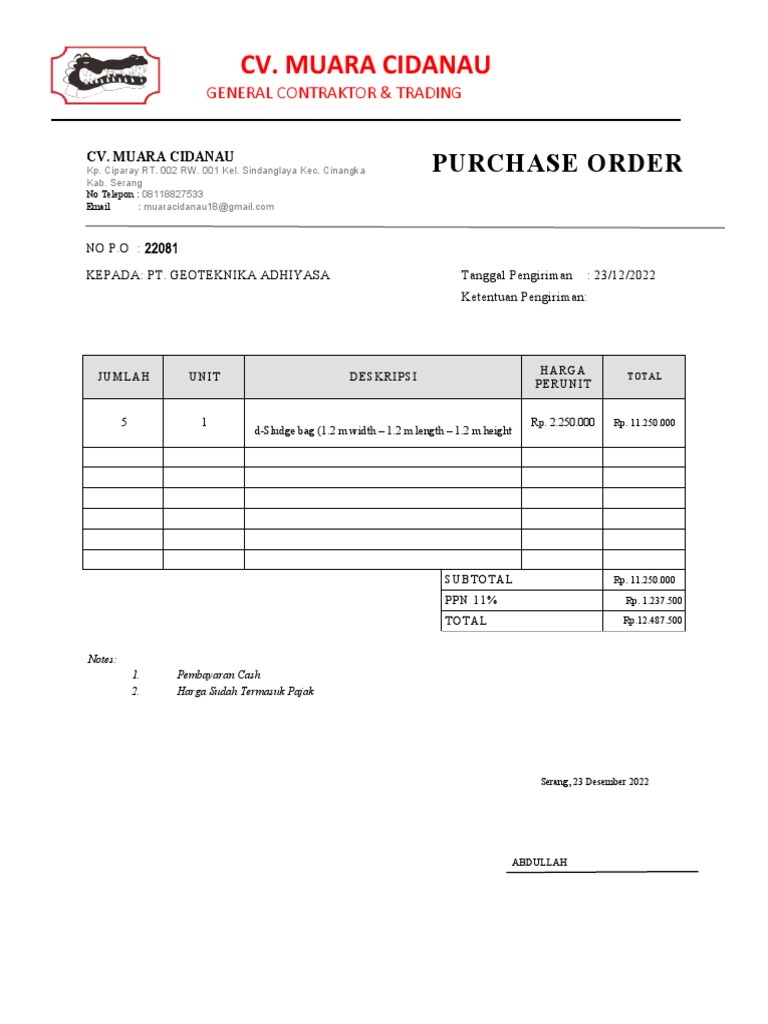 Purchase Order CV. Muara Cidanau | PDF