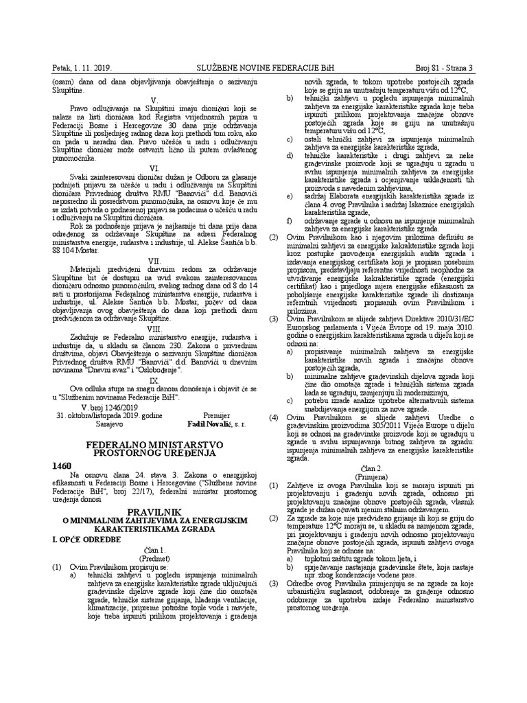 Pravilnik o Minimalnim Zahtjevima Za Energijskim Karakteristikama Zgrada - 81 - 19 | PDF