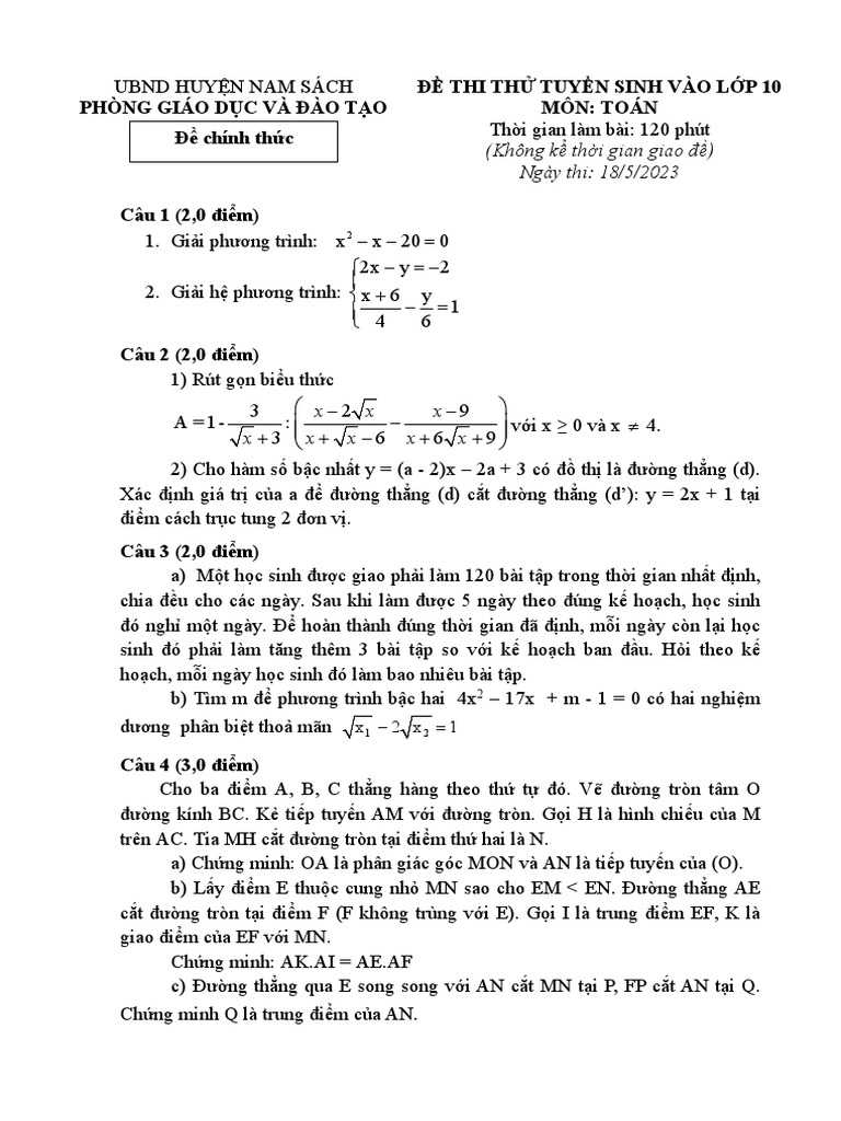 De Thi Thu Toan Vao Lop 10 Nam 2023 2024 Phong GDDT Nam Sach Hai Duong | PDF