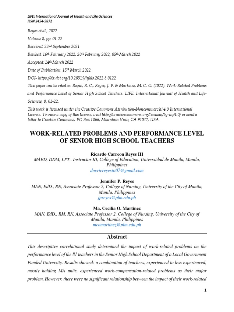 Work-Related Problems and Performance Level of Senior High School ...