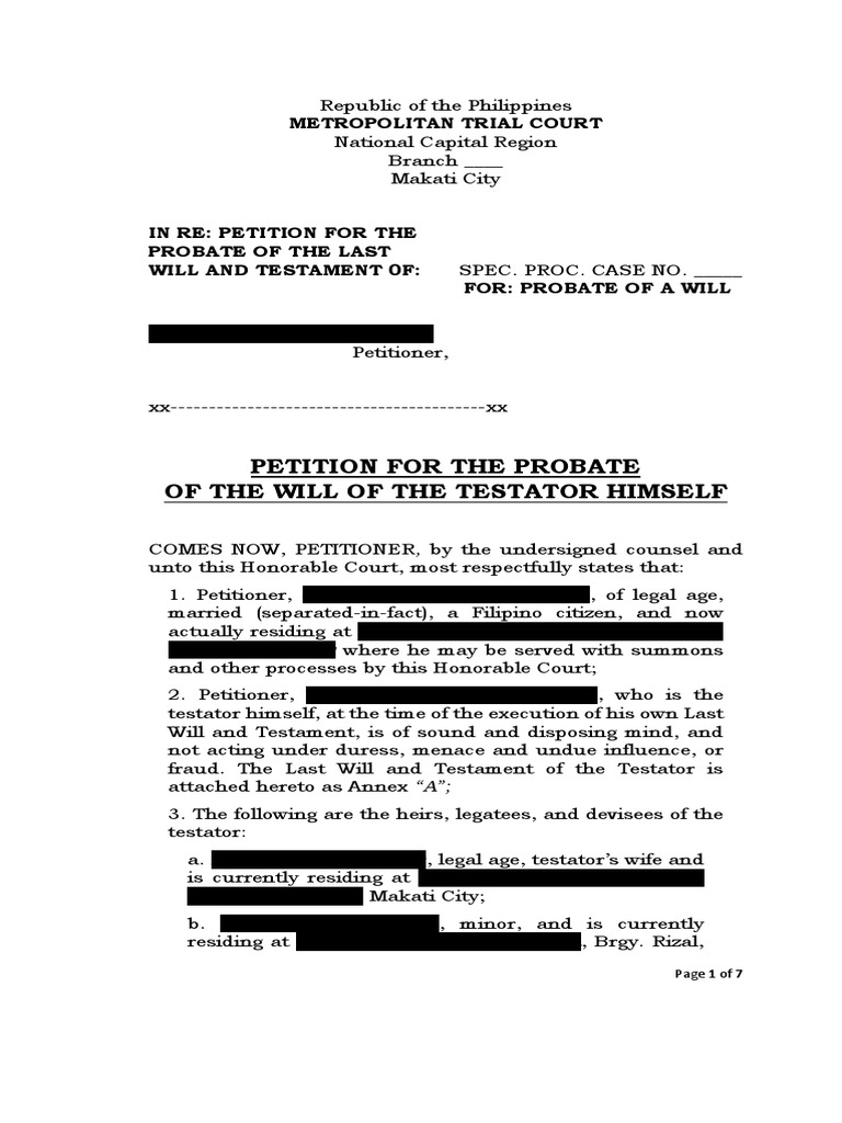 Petition For The Probate of Will | PDF | Legal Documents | Civil Law (Common Law)