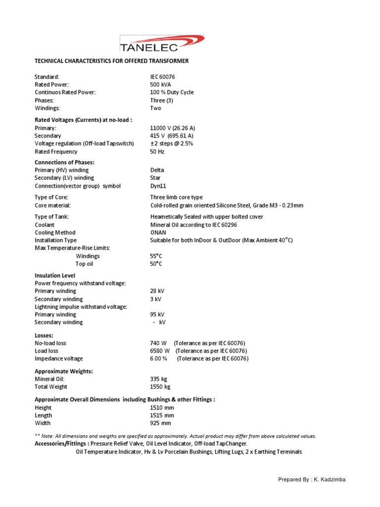 Technical Specifications 500_11_0.415 Dyn11 CuAl Imp 6 | PDF | Transformer | Manufactured Goods