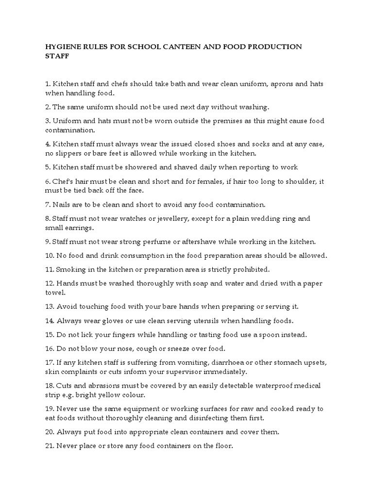 Kitchen Hygiene Rules for Staff | PDF | Refrigerator | Hygiene
