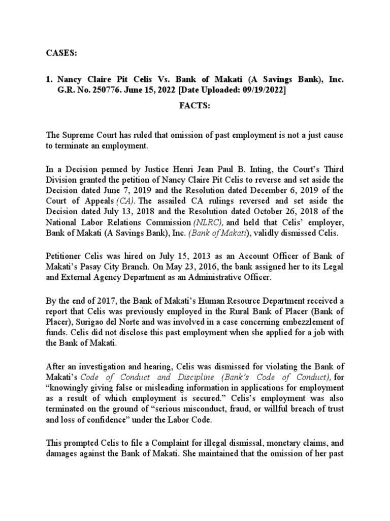 Case Digests For Labor Cases | PDF | Certiorari | Employment