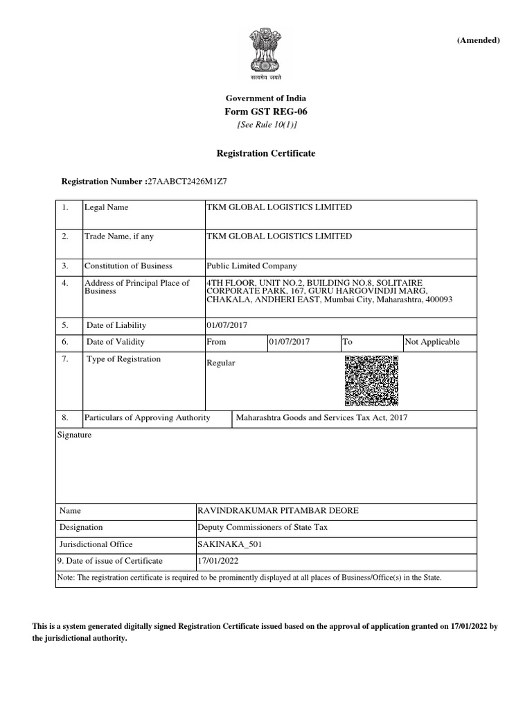 GST Certificate - Maharashtra | PDF | Business | Taxes