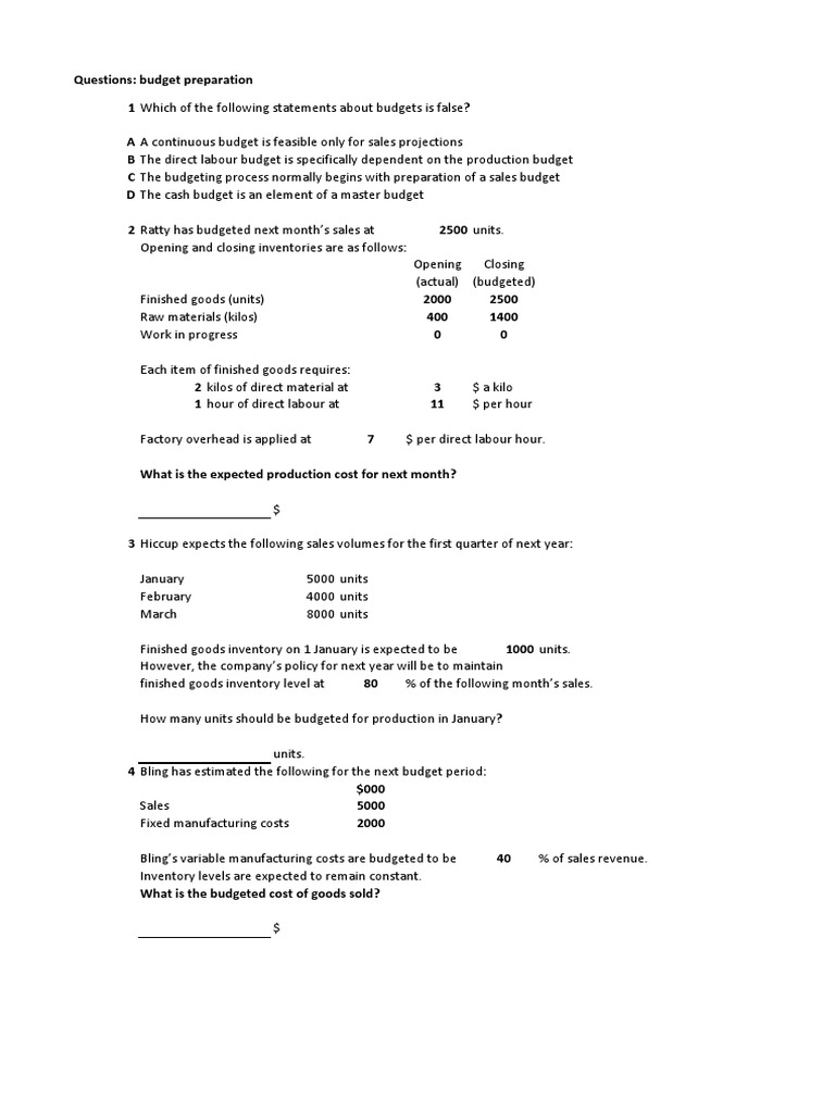 Budget Preparation Questions | PDF | Inventory | Cost Of Goods Sold