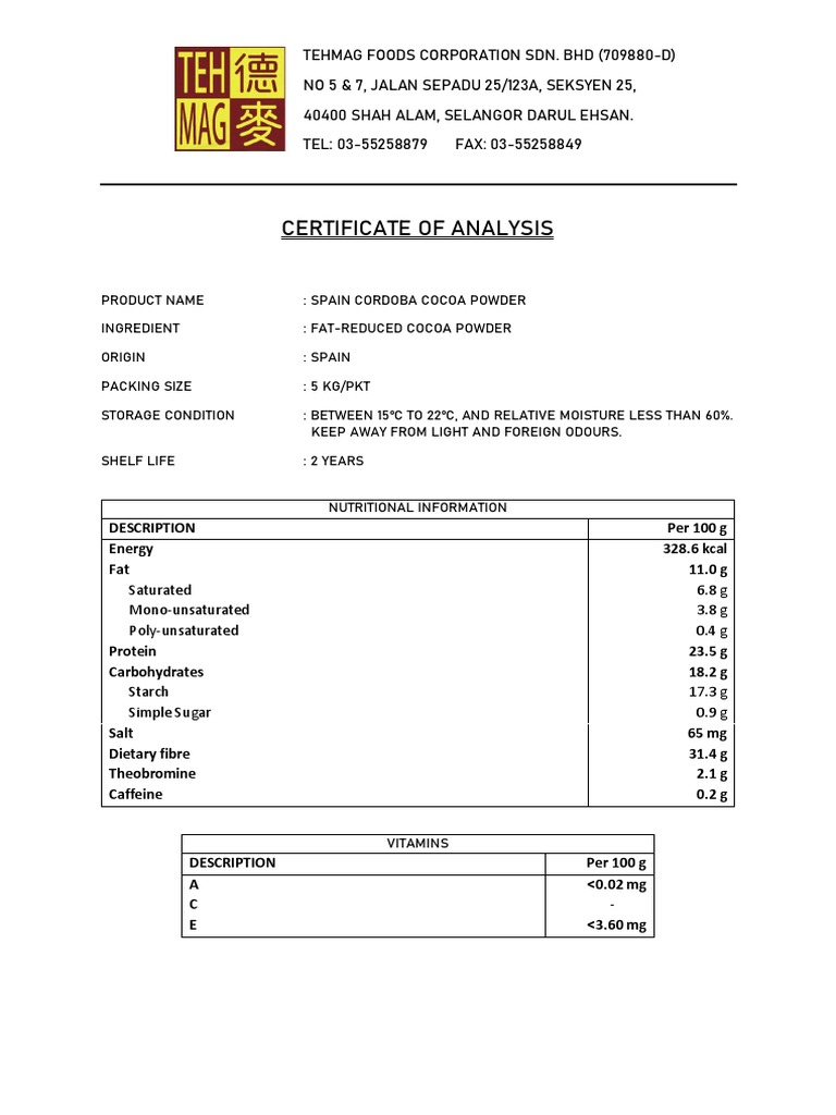 Spec Spain Cordoba Cocoa Powder | Download Free PDF | Fat | Carbohydrates