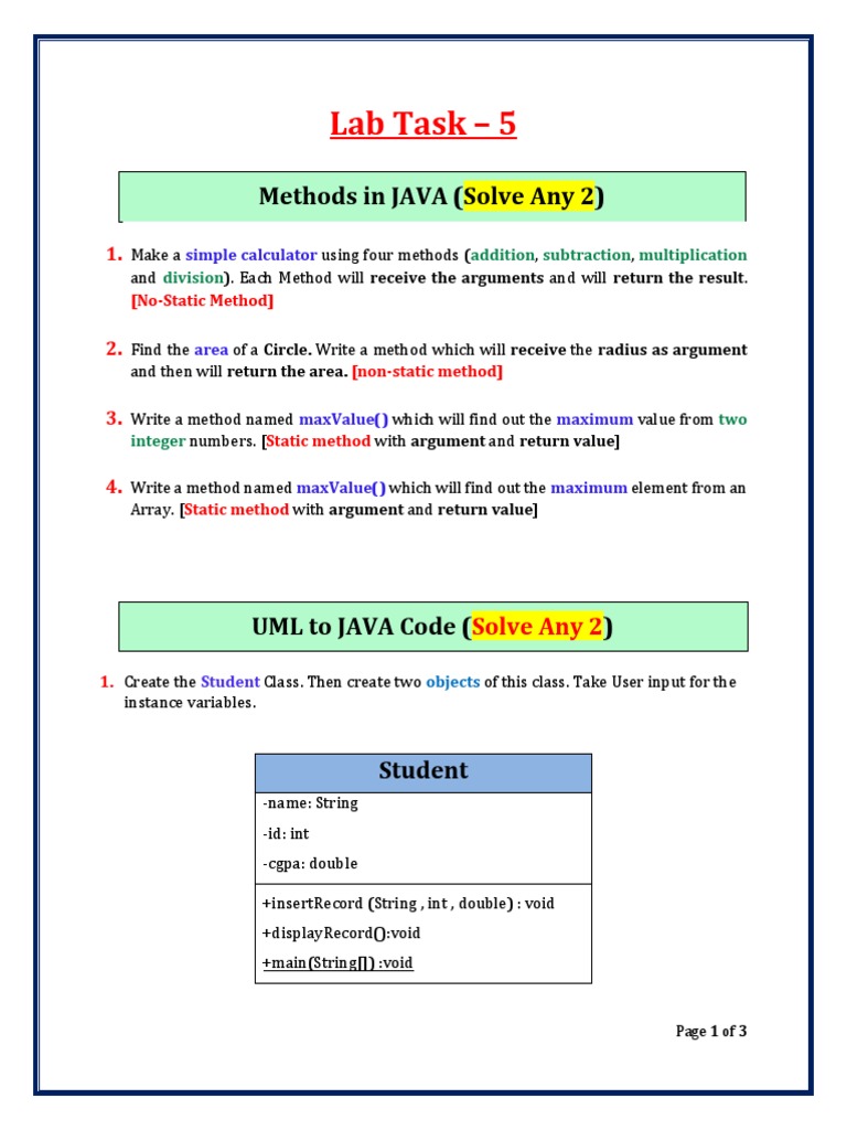 OOP - Lab Task-5 - Methods - UML To JAVA Code | Download Free PDF | Method (Computer Programming ...