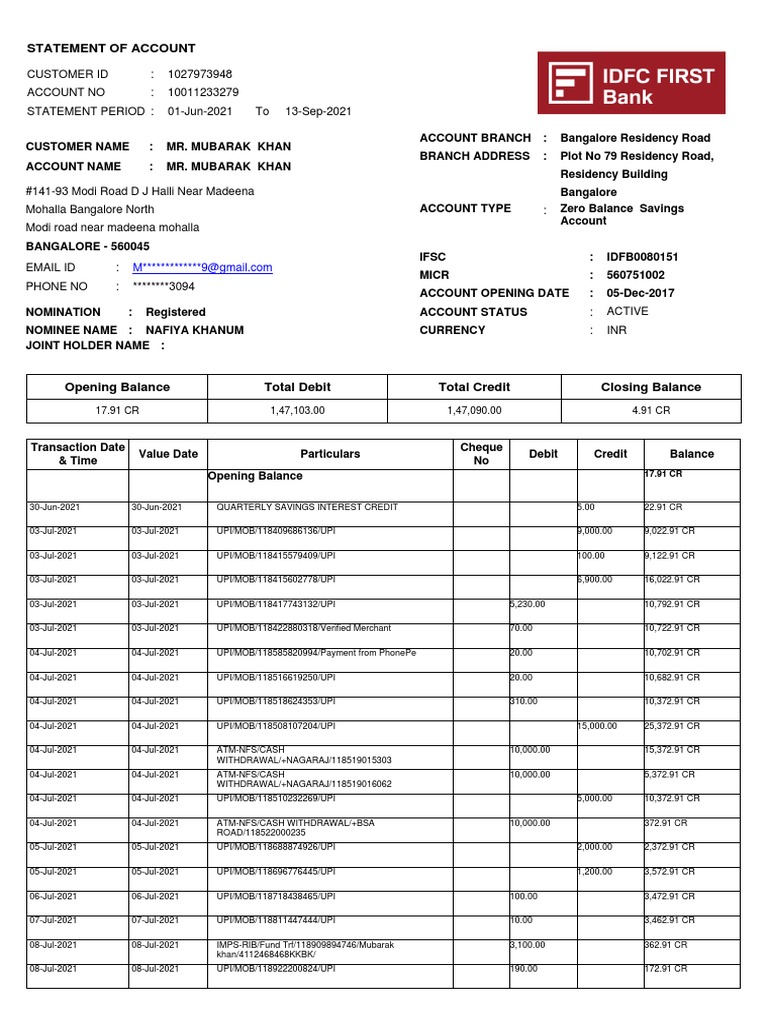 IDFC FIRST Bank Statement 13 000 2021 120000 - 3948 | Download Free PDF | Debits And Credits ...