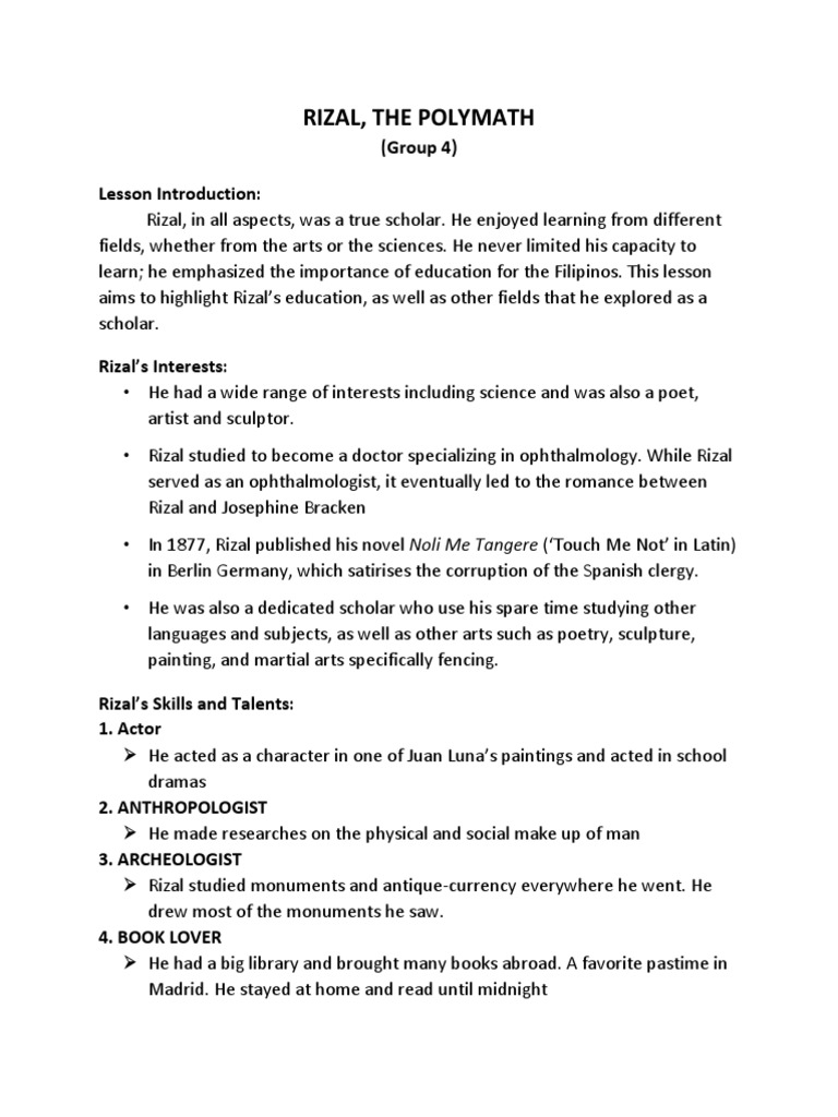 RIZAL, THE POLYMATH - Group 4 | PDF RIZAL, THE POLYMATH - Group 4 | PDF