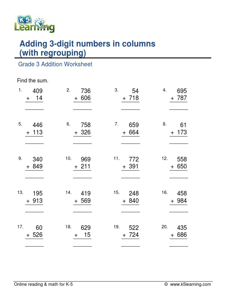Grade 3 Add 3 Digit Numbers in Columns With Regrouping C | PDF