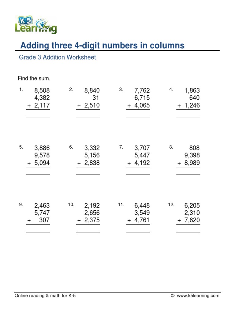 Grade 3: Adding 4-Digit Numbers Worksheet | PDF