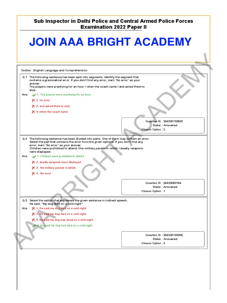 Sub Inspector in Delhi Police Paper 2 | PDF | Question | Linguistics