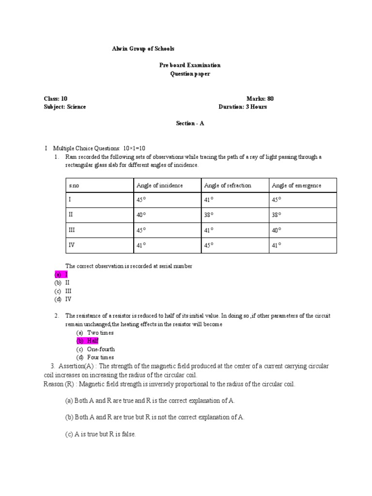 Pre Board - Science - Class 10 QP | PDF | Refractive Index | Refraction