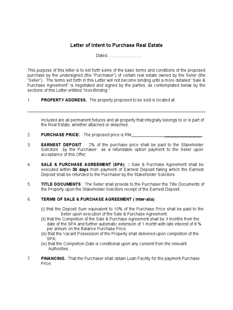 Simple Letter of Intent To Purchase Real Estate Word | PDF | Prices ...
