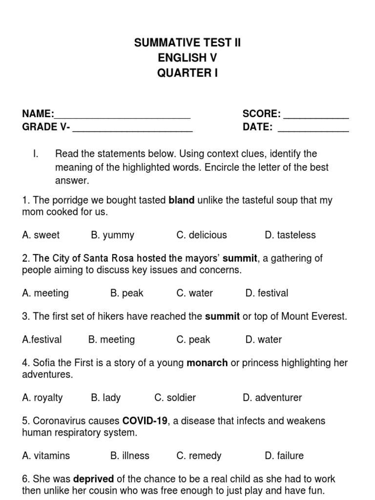 SUMMATIVE TEST II (English and MAPEH V) 2 | PDF