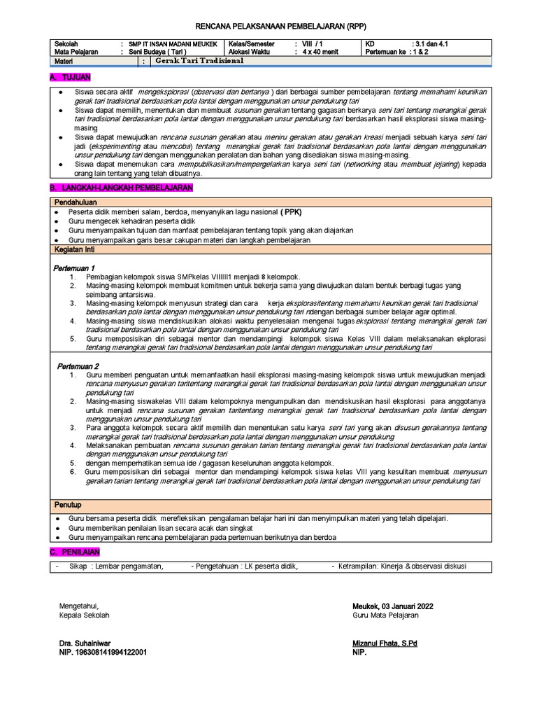 RPP Seni Tari Kelas VIII | PDF