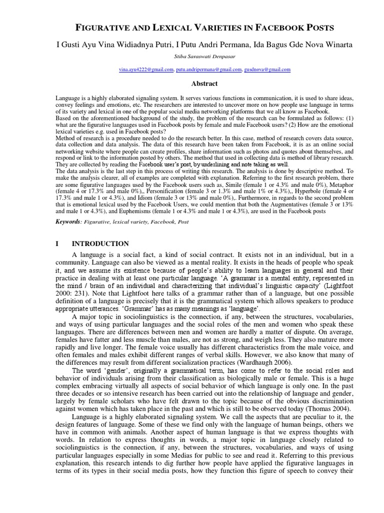 Figurative and Lexical Varieties in Face | PDF | Facebook | Human ...